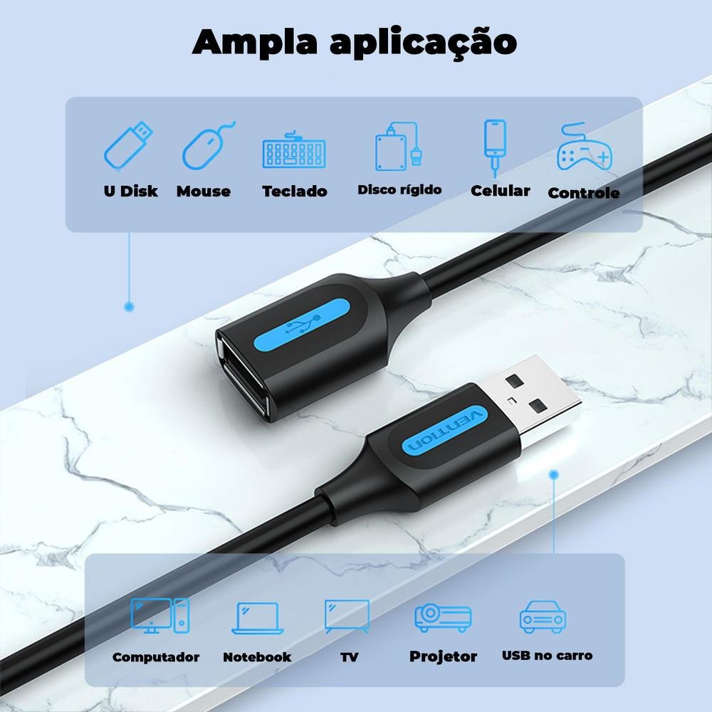 Cabo Extensor USB 20 Vention 1M Preto KaBuM